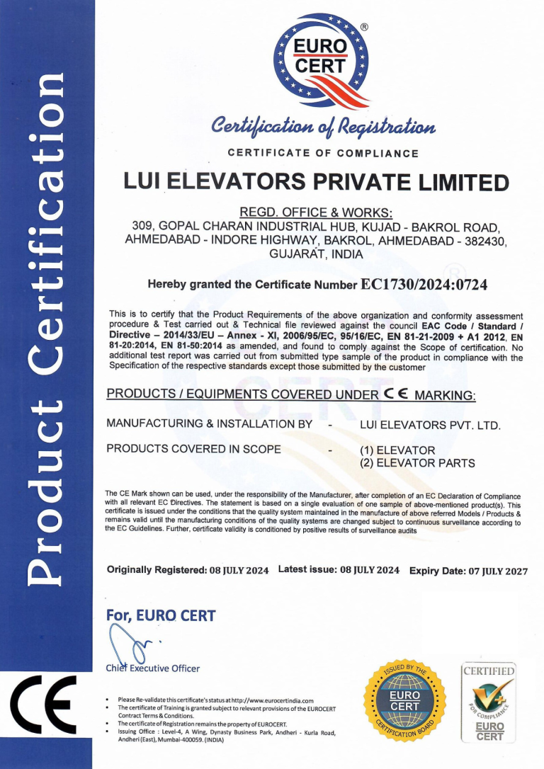 Certificate - Lui elevators Product Certification